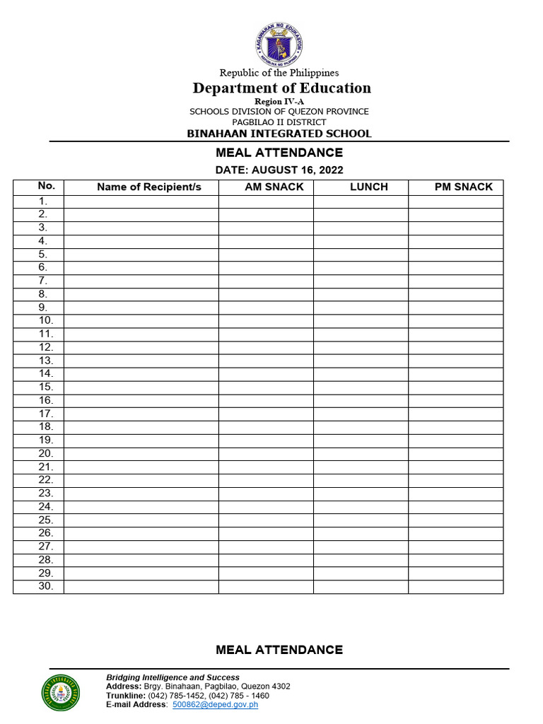 Meal Attendance and Registration Form | Download Free PDF | Eating ...