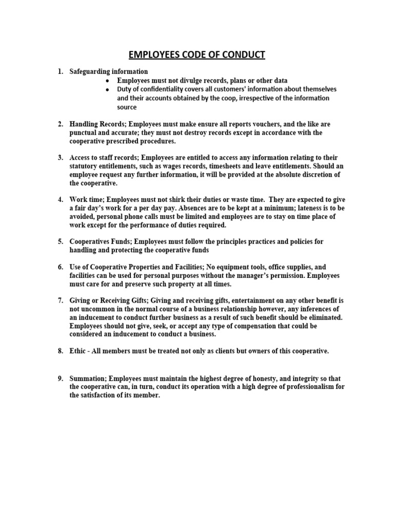 EMPLOYEES CODE OF CONDUCT (Under Revision) | PDF | Employment | Labor EMPLOYEES CODE OF CONDUCT (Under Revision) | PDF | Employment | Labor