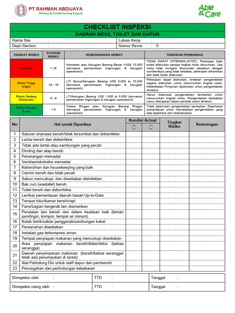 HSE 11 F018 R0 Form Checklist Inspeksi Daerah Mess, Toilet Dan Dapur | PDF