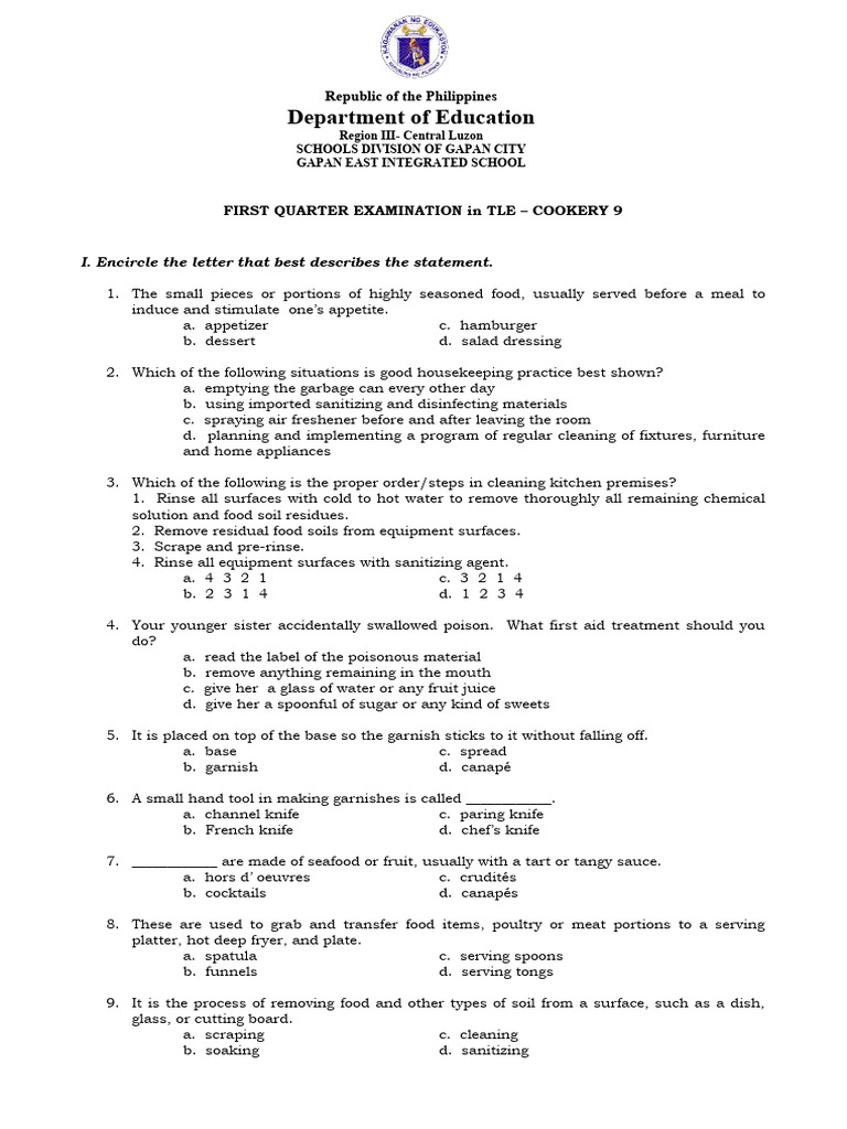 First Quarter Exam in Cookery 9 | PDF | Hors D'oeuvre | Foods