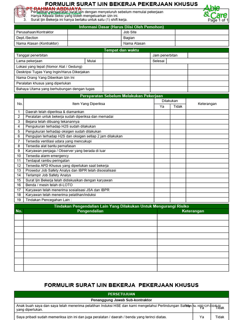 HSE 12 F033 R0 Form Surat Ijin Bekerja Pada Pekerjaan Khusus | PDF