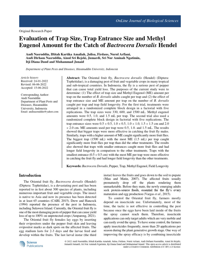 Evaluation of Trap Size Trap Entrance Size and Methyl Eugenol Amount ...