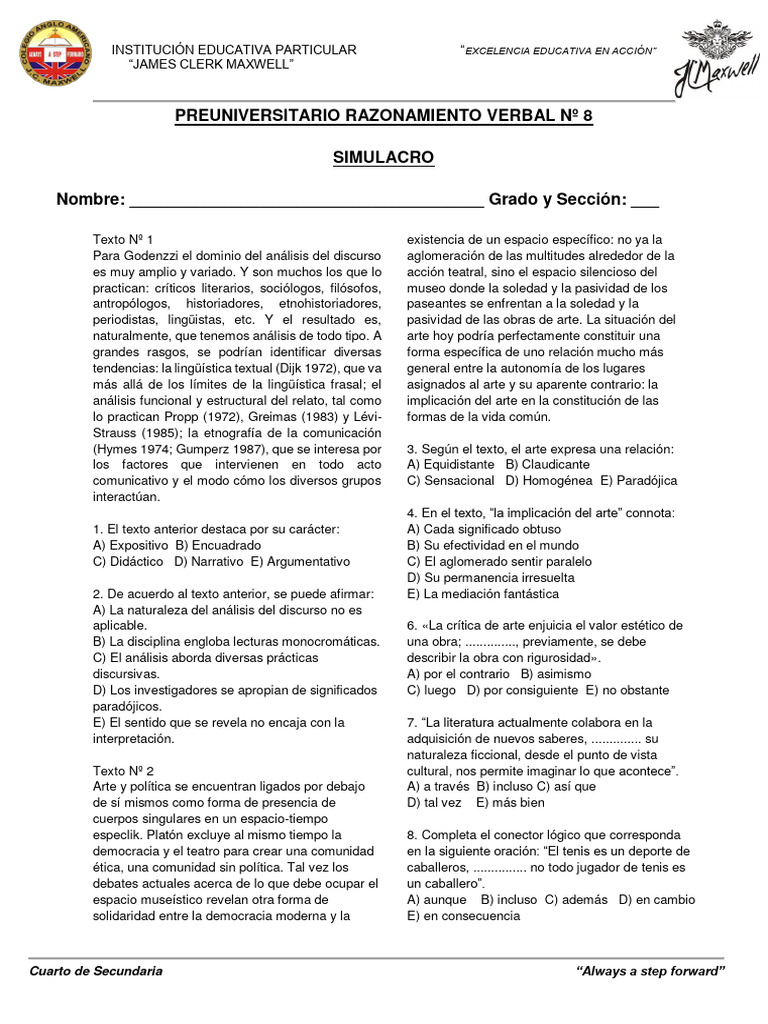 4º Simulacro II - Preu. Raz. Verbal | PDF