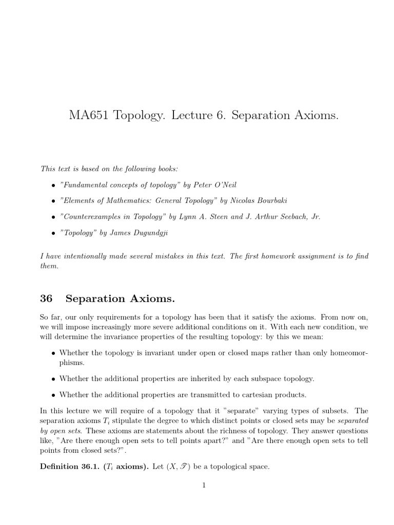 Understanding Separation Axioms in Topology | PDF | Continuous Function ...