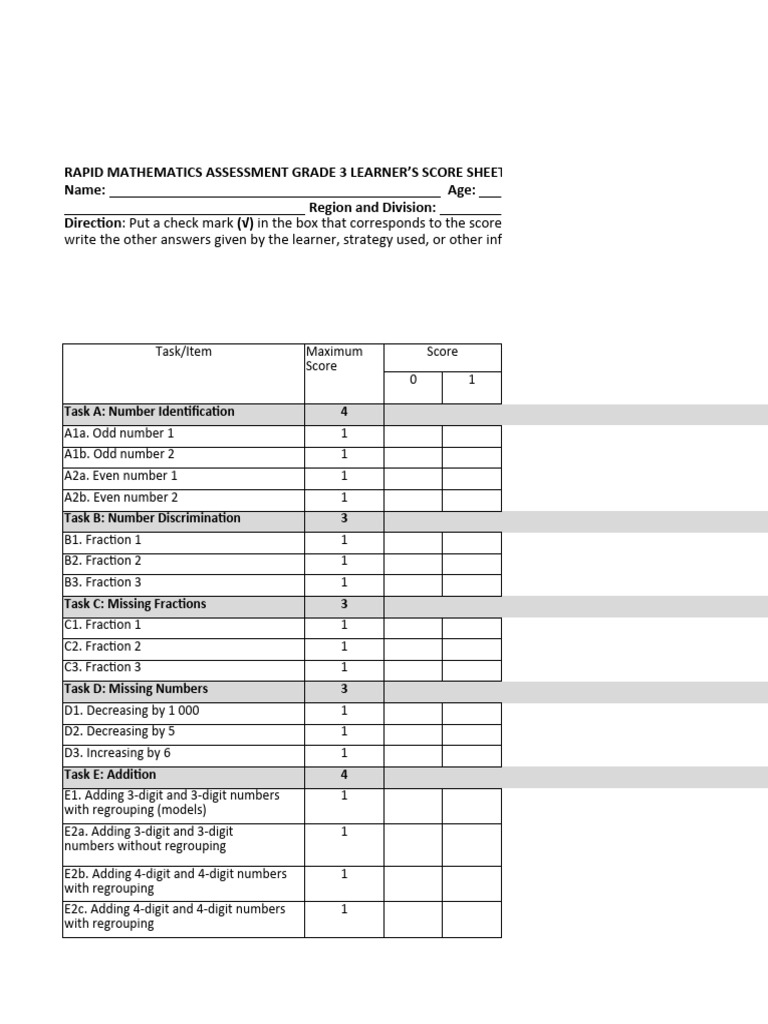 RMA - Grade 3 Learner Scoring Sheet | PDF | Elementary Mathematics ...