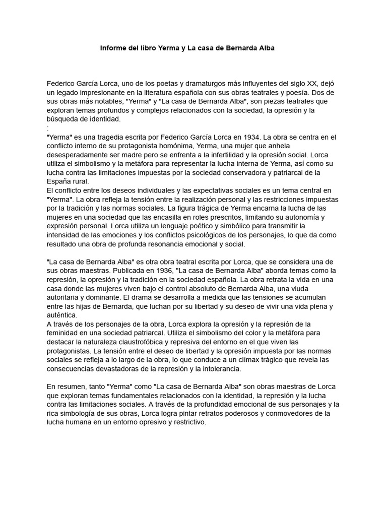 Informe Del Libro Yerma y La Casa de Bernarda Alba | PDF | Federico ...