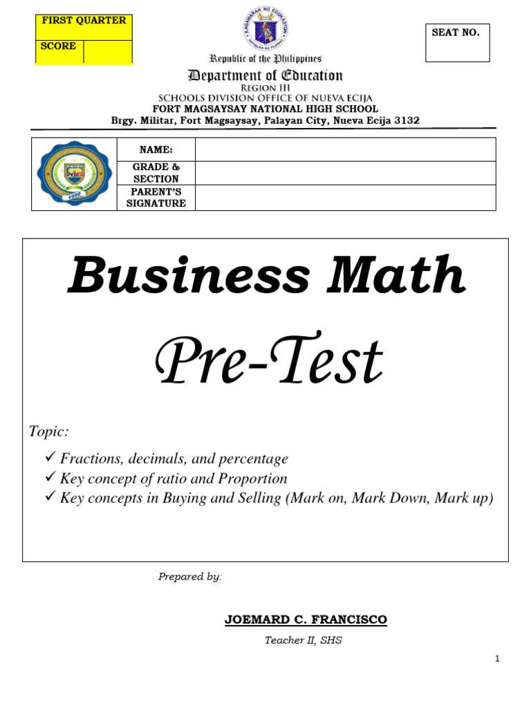 Business Mathematics Pre-Test 11-Abm 2023-2024-New | PDF