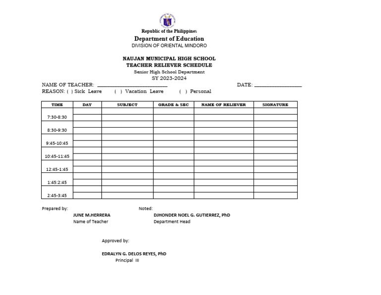 Teacher Reliever Template | PDF