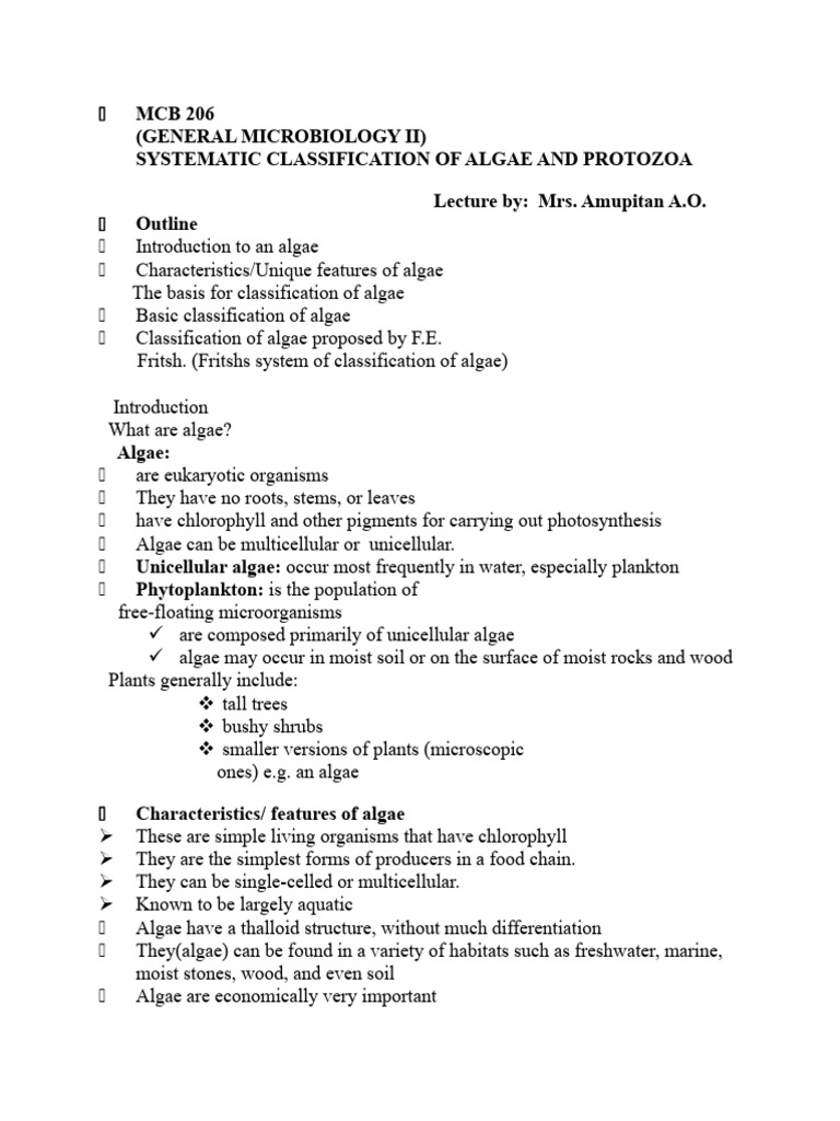 Mcb 206 Lecture Note Pdf Protozoa Algae