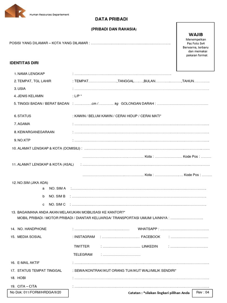 Form Data Pelamar MKM Rev Juli 2023 | PDF