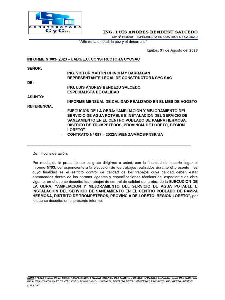 01 Informe N°003 - Calidad de Obra Agosto | PDF