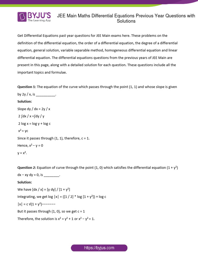 JEE Main Differential Equations PYQs | PDF | Equations | Differential ...