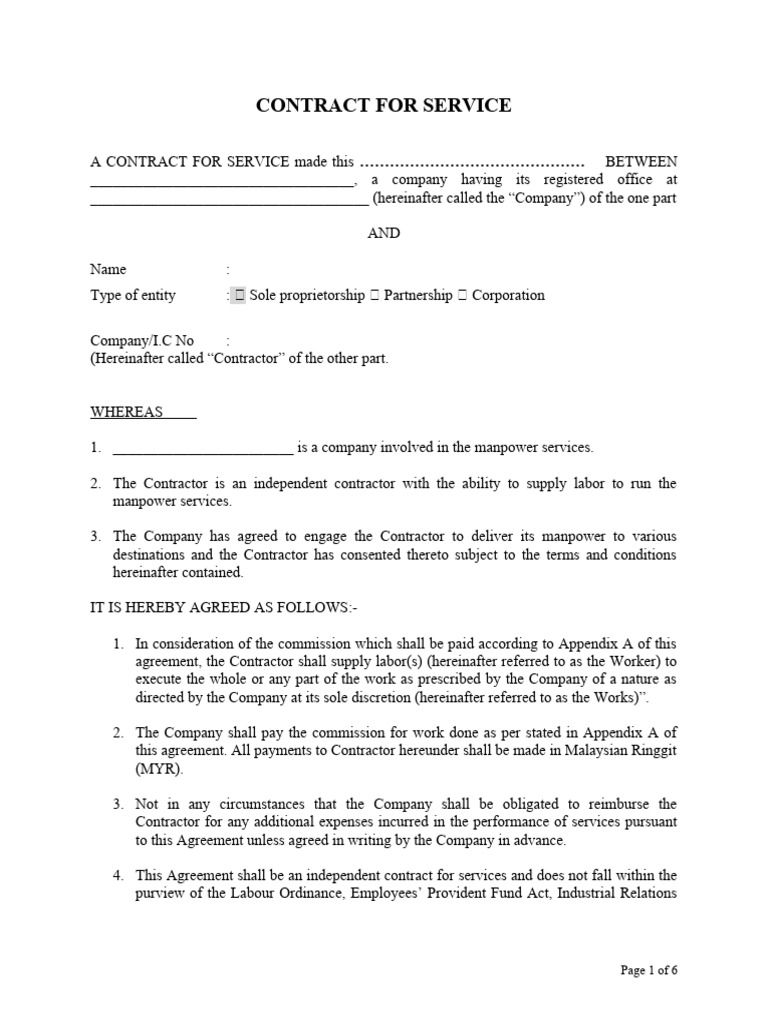 Sample Contract of Service - English | PDF | Employment | Indemnity