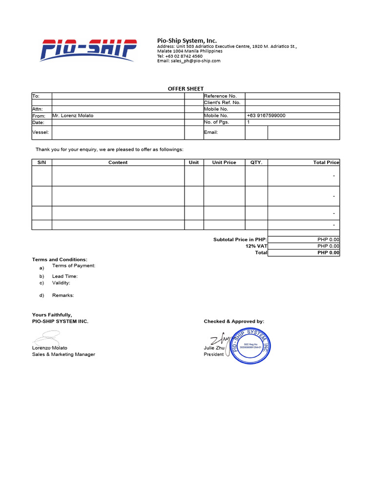 Offer Sheet for Pio-Ship System Inc. | PDF | Business | Economies