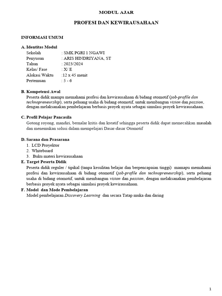 Modul Ajar 3 Profesi Dan Kewirausahaan | PDF