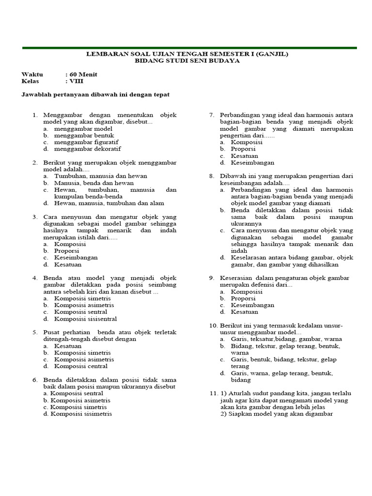 Soal Ujian Seni Budaya Kelas VIII | PDF