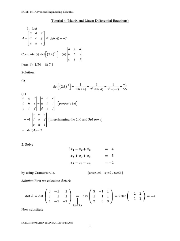 Tutorial 4 - MATRIX and LINEAR - DE - WITH SOLUTION 2020 | PDF | Eigenvalues And Eigenvectors ...