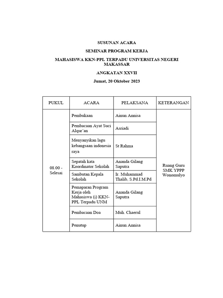 Susunan Acara Seminar Proker | PDF