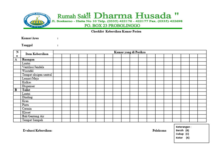 Checklist Kebersihan Kamar Pasien Fix | PDF