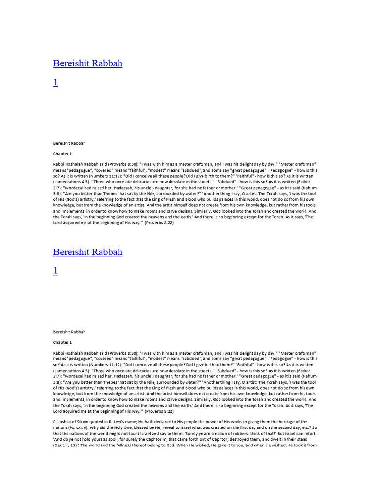 Bereishit Rabbah 1-8cap. | PDF | Esther | Weekly Torah Readings