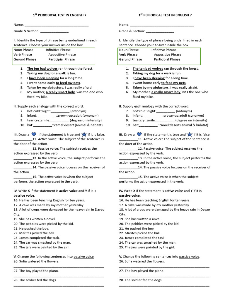 1st Periodical Test for English 7 | PDF | Phrase | Verb