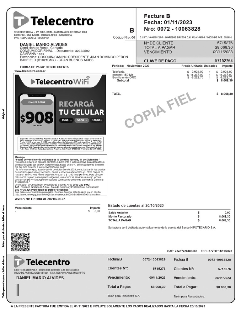 Copia Fiel: Factura B Fecha: 01/11/2023 Nro: 0072 10063828 | PDF