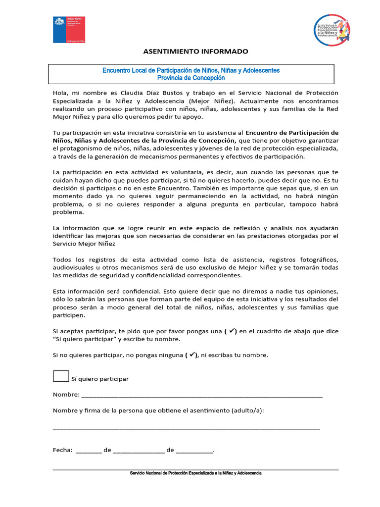 Asentimiento - Informado NNA - Concepción | PDF