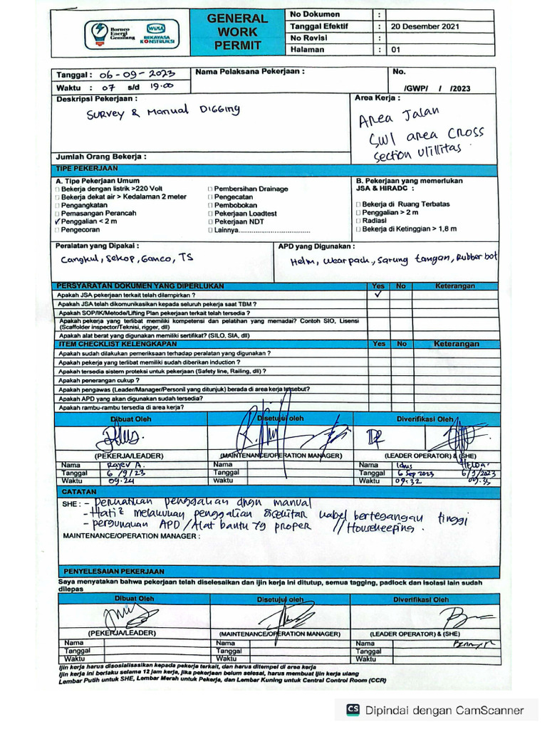 Work Permit & JSA Team Sipil - 06 September 2023 | PDF