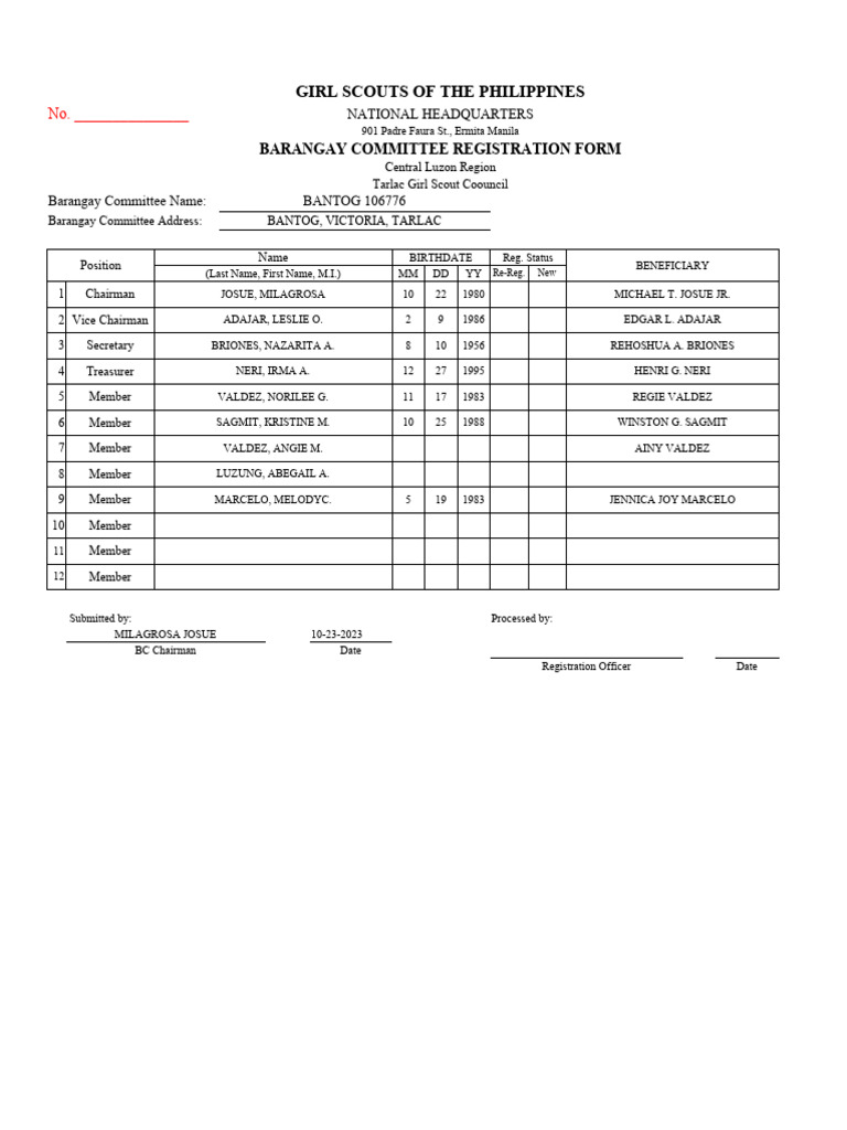 Barangay Committee Registration Form Online | PDF