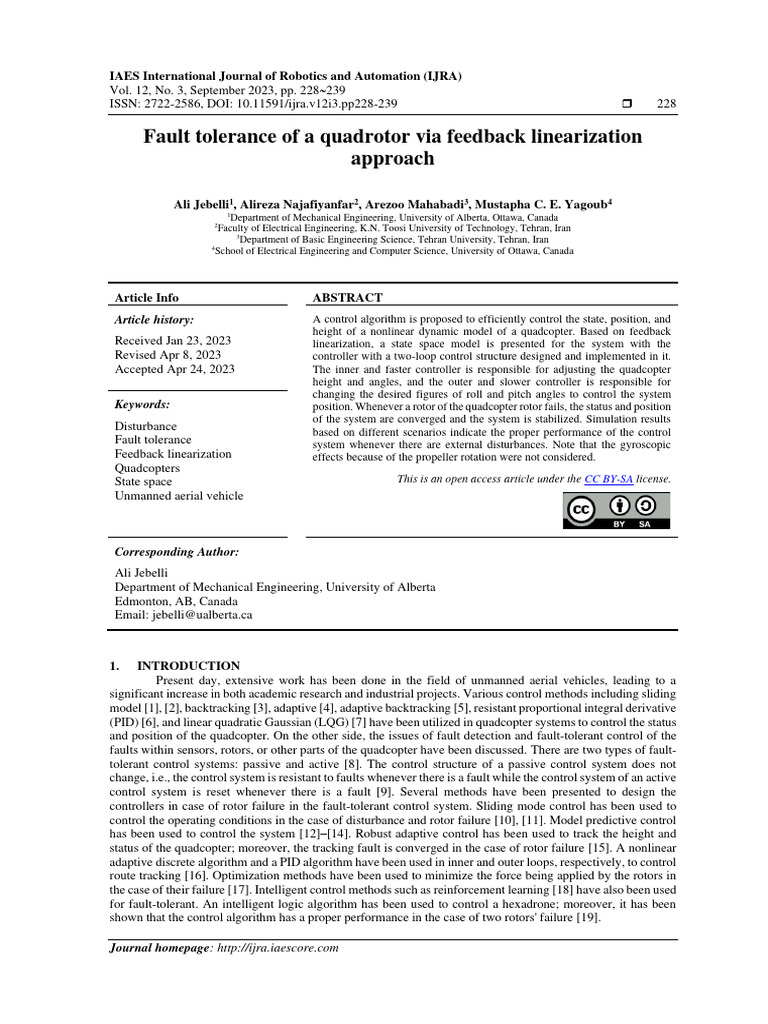Fault Tolerance Of A Quadrotor Via Feedback Linearization Approach Pdf Teaching Methods