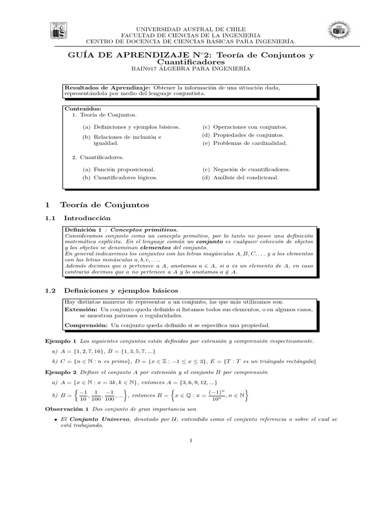 Guía de Aprendizaje Conjuntos y Cuantificadores | PDF | Conjunto (Matemáticas) | Proposición
