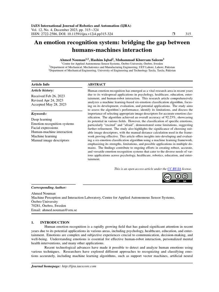 An Emotion Recognition System: Bridging The Gap Between Humans-Machines Interaction | PDF | Deep ...