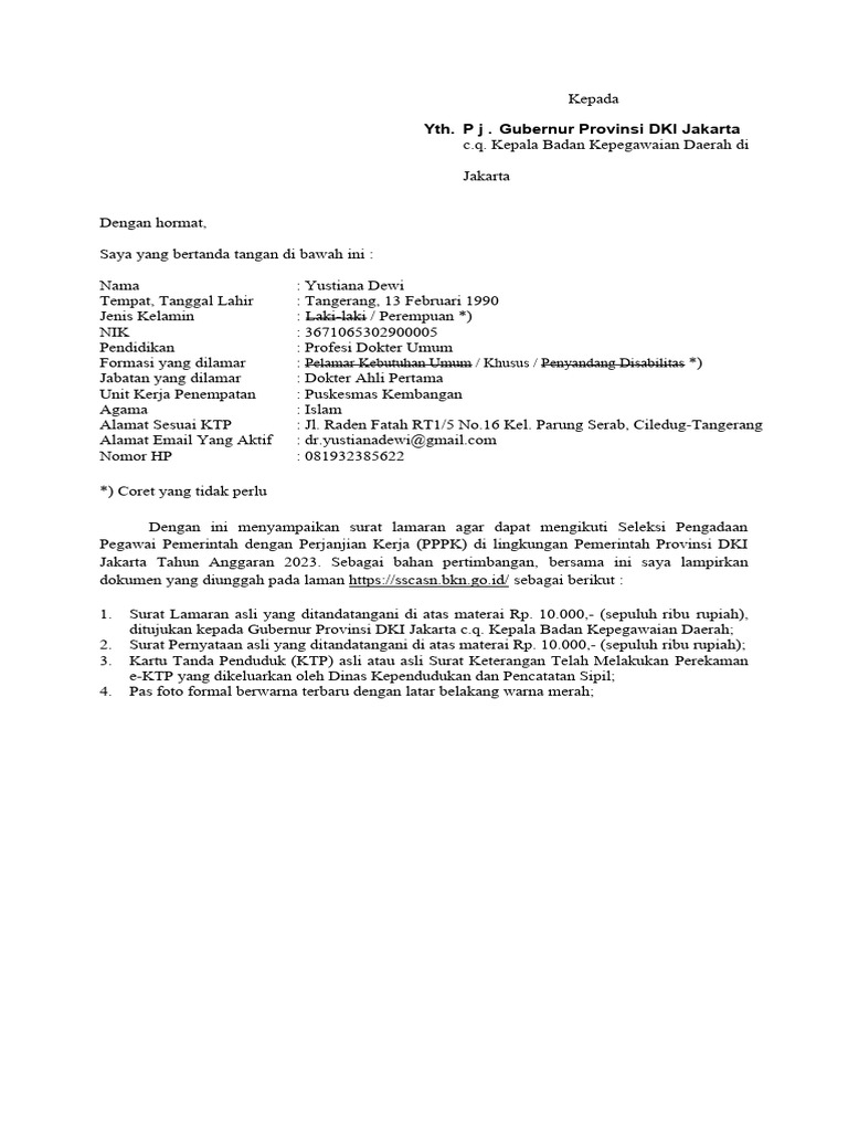 Format Surat Lamaran PPPK (Pegawai) | PDF