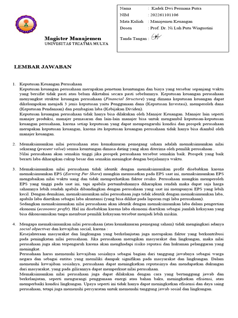 Fungsi Dan Tujuan Manajemen Keuangan - Kadek Dwi Permana Putra | PDF