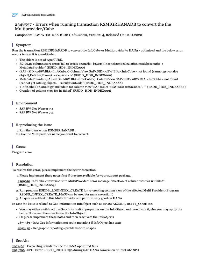 Errors When Running Transaction RSMIGRHANADB To Convert The The MultiproviderCube | PDF