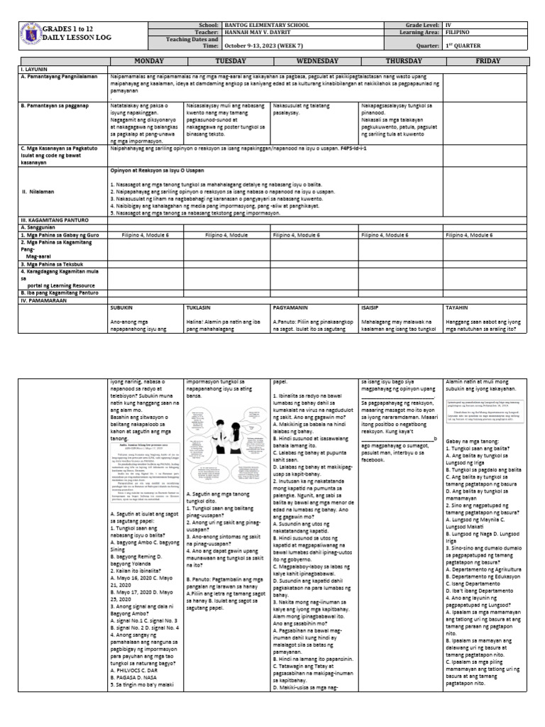 DLL - Filipino 4 - Q1 - W7 | PDF