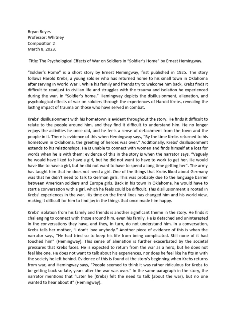 Soldiershome Essay | PDF | Ernest Hemingway | Veteran