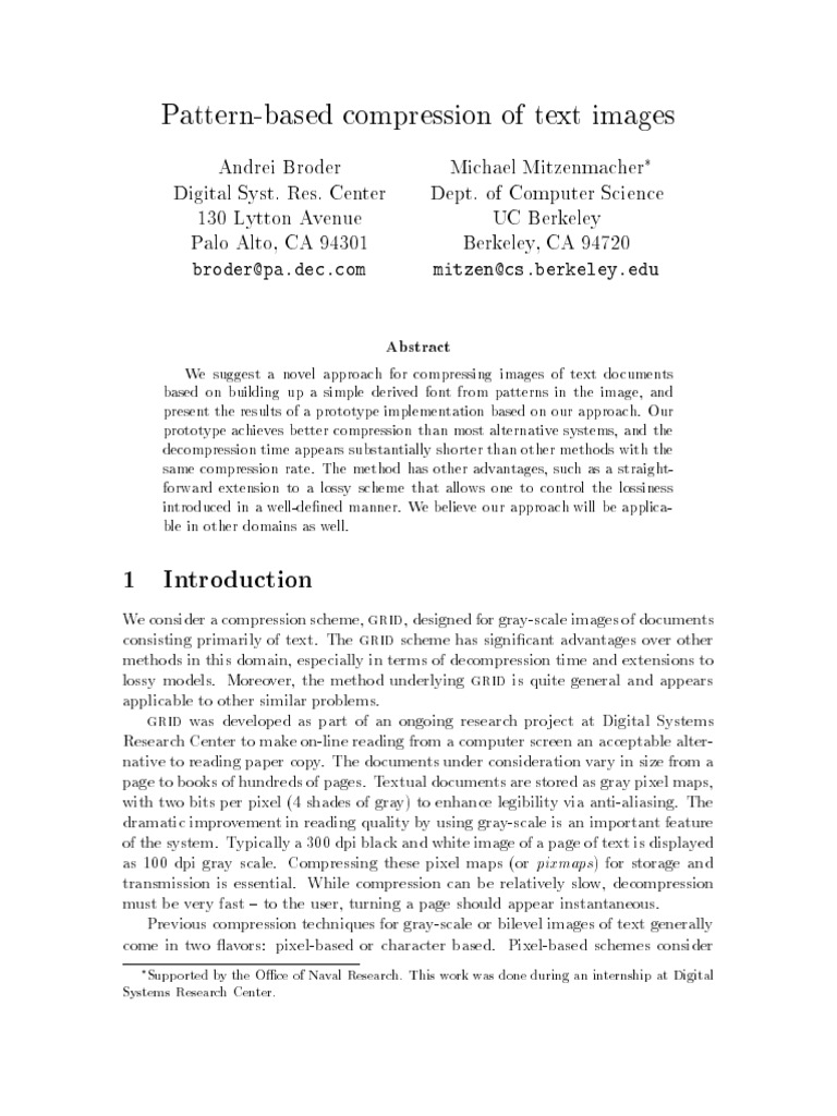 Pattern Based Compression Of Text Images Pdf Data Compression Computer Data