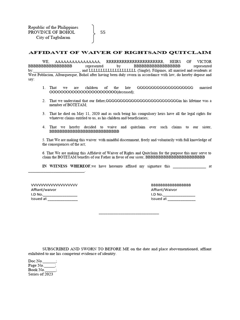 Affidavit of Waiver and Quitclaim Bohol | PDF