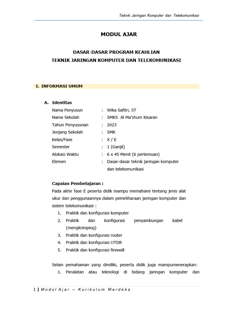 Modul Ajar X TKJ 2023 (Kur - Merdeka) | PDF
