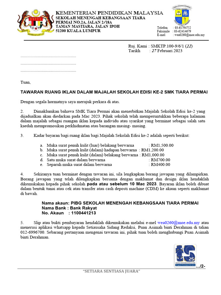 Surat Memohon Sumbangan Tajaan Iklan Majalah Sekolah Edisi Ke Dua | PDF