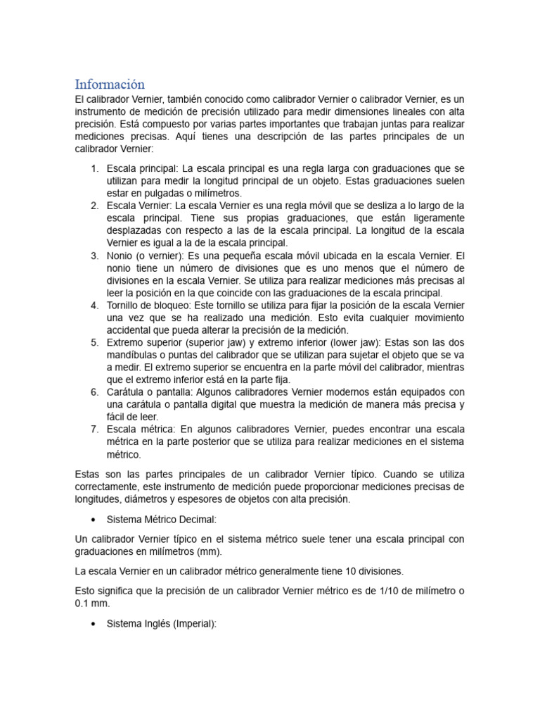 Partes y uso del calibrador Vernier | PDF | Hogar, jardinería y ...