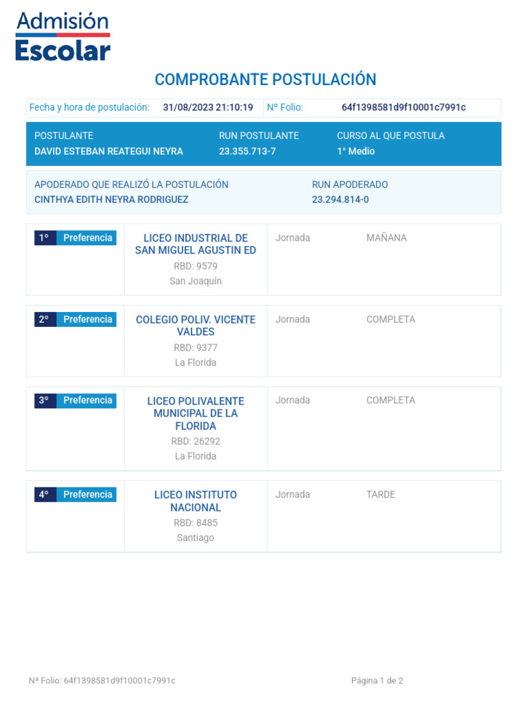 Comprobante Postulacion 23355713-7 | PDF