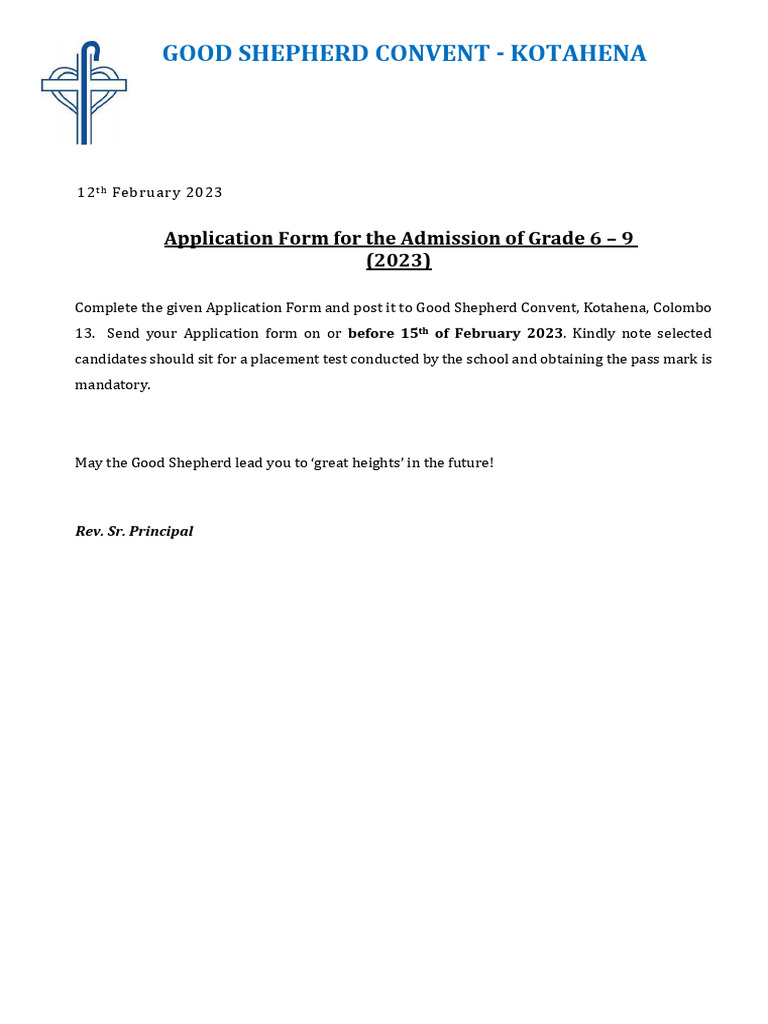 Grade 6 Application Form 2023 | PDF
