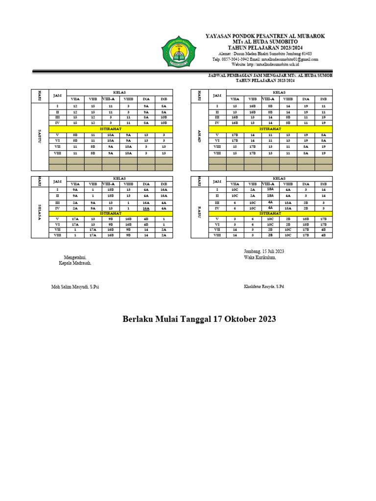 Jadwal Mengajar Guru Ganjil TP 2023-2024 Revisi. | PDF