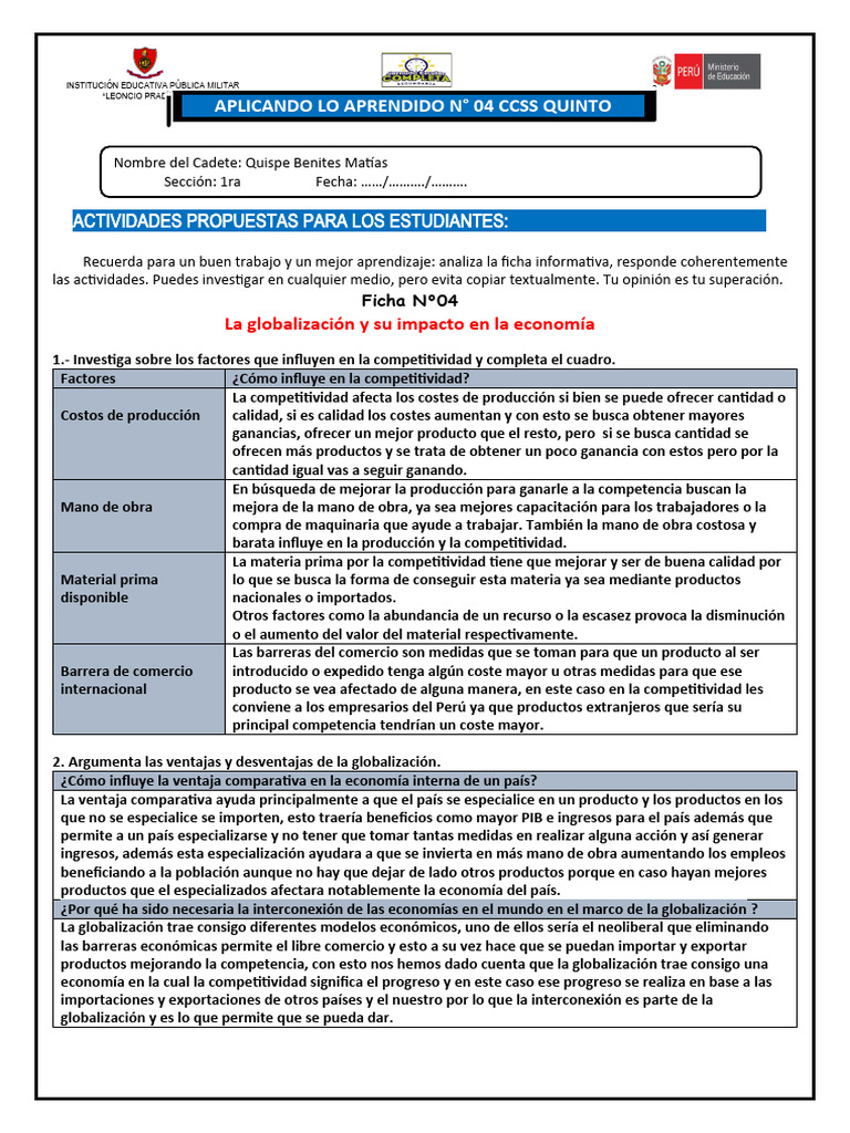 FICHA #04 ACTIVIDADES 5to CCSS Terminada | PDF