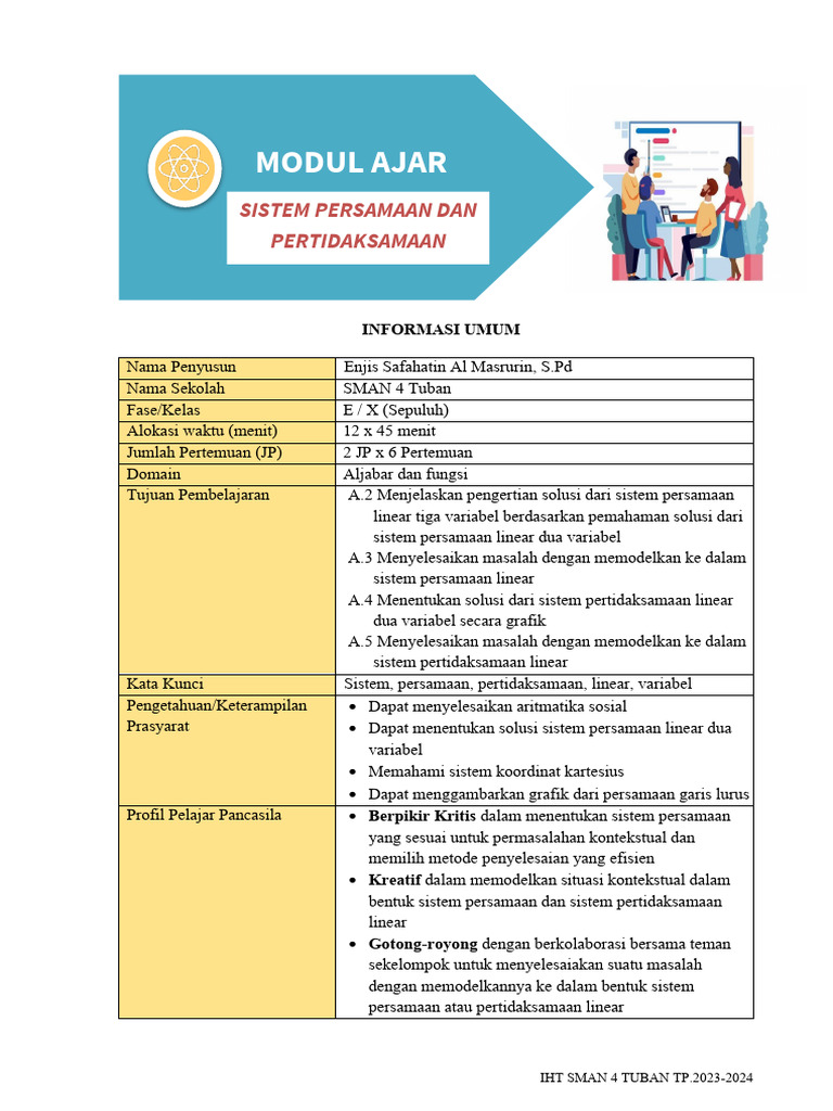 Modul Ajar Matematika (SPLTV) Kelas X TP 2023 2024 Enjis | PDF | Metode ...