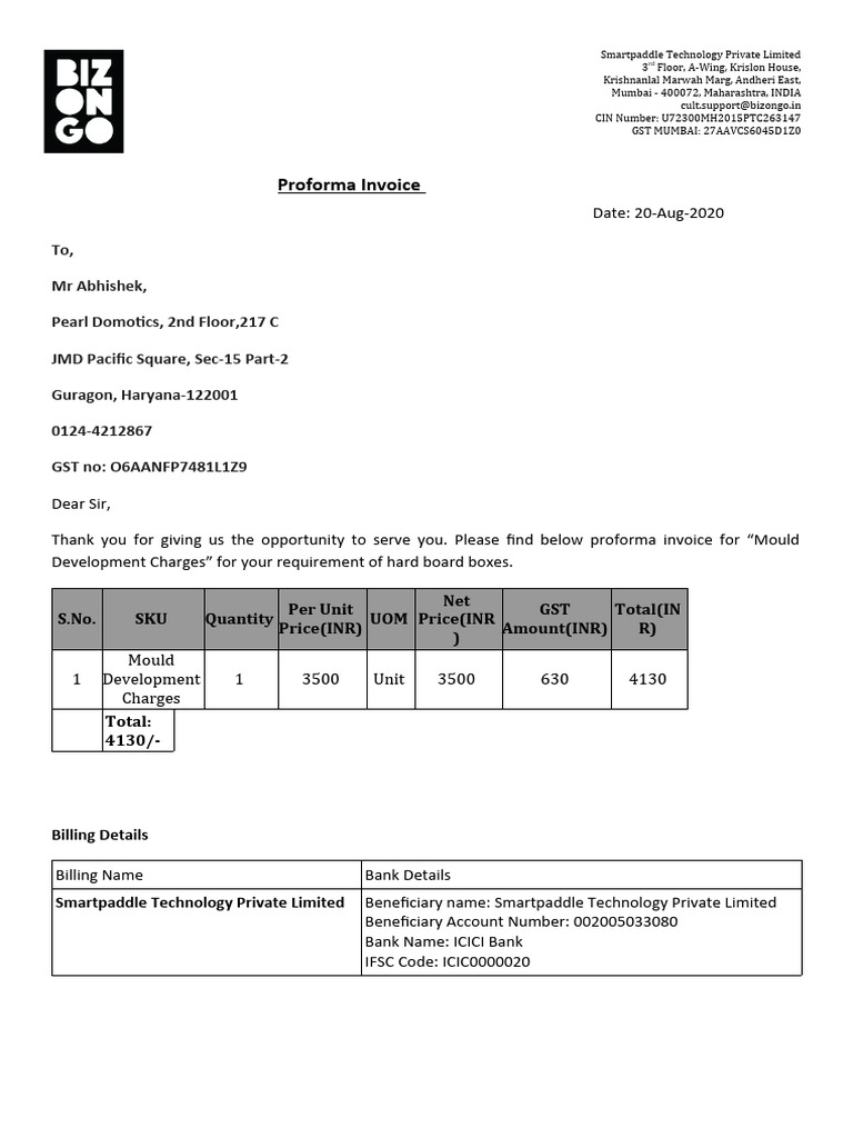 Proforma Invoice - Mould Development Charges | PDF | Business | Economies