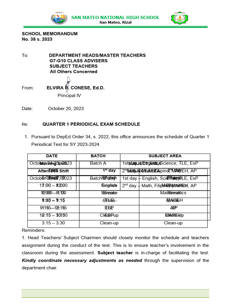 Q1 Exam Schedule for Teachers | PDF