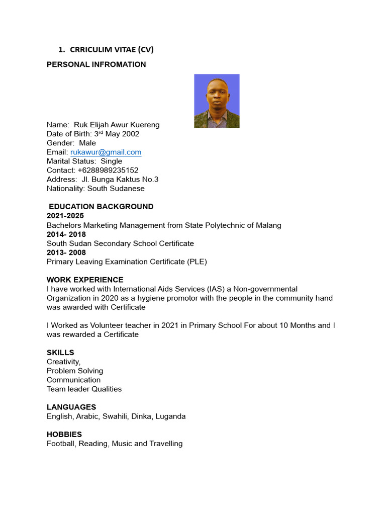 Ruk Elijah Awur Kuereng-CV | PDF